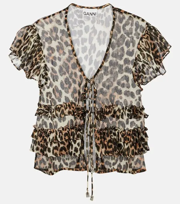 GANNI Leopard-print Ruffled Chiffon Blouse - Multicoloured