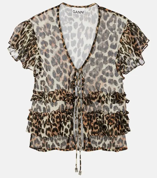 GANNI Leopard-print Ruffled Chiffon Blouse - Multicoloured