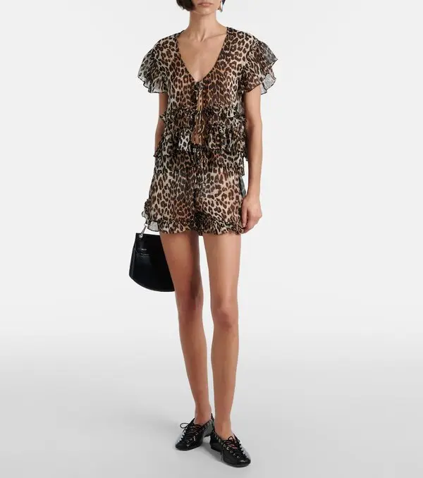 GANNI Leopard-print Ruffled Chiffon Blouse - Multicoloured