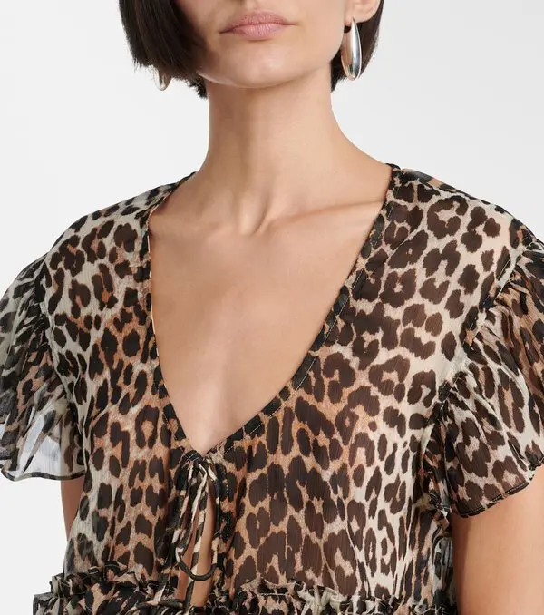 GANNI Leopard-print Ruffled Chiffon Blouse - Multicoloured
