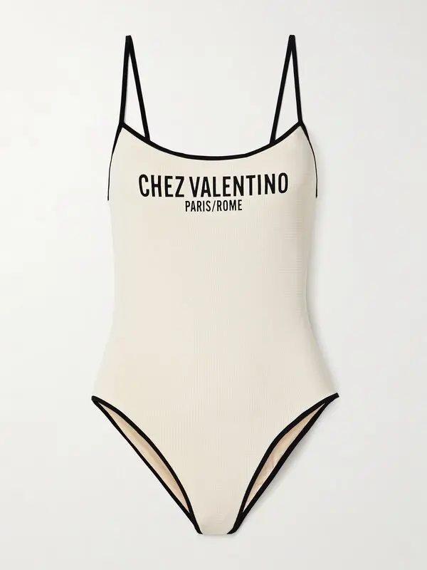Valentino Garavani Printed Waffle-knit Swimsuit - Neutrals