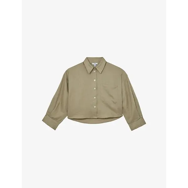 REISS Solena Cropped Linen Shirt - Green