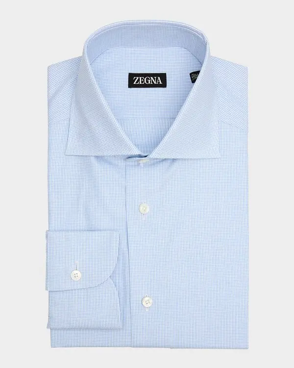 Zegna Cotton Micro-check Spread Collar Dress Shirt - Br Blu Ck