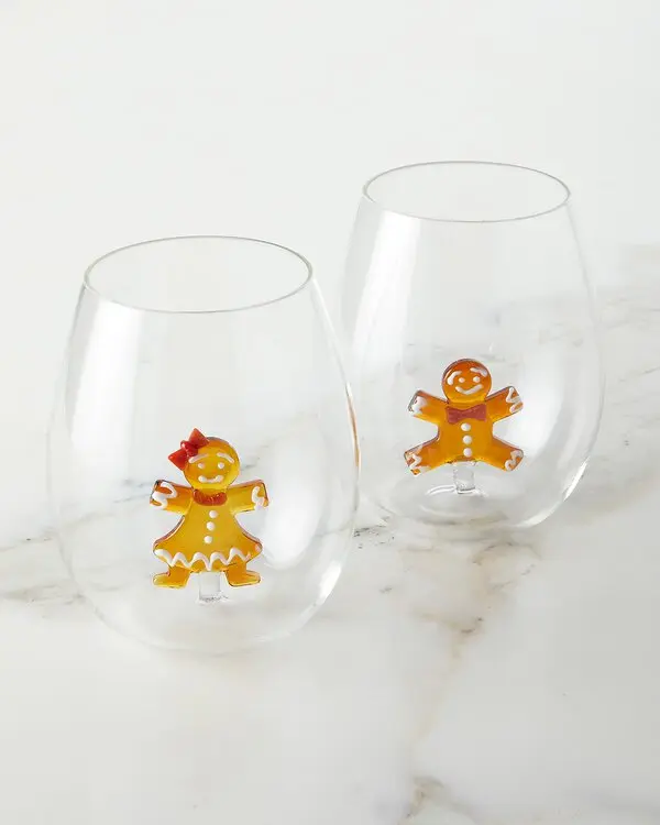 Neiman Marcus Christmas Gingerbread Stemless Wine Glasses, Set Of 2 - One-color