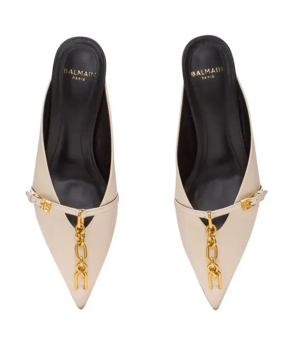 Balmain Sync Leather Mules With Chain Detail - Beige