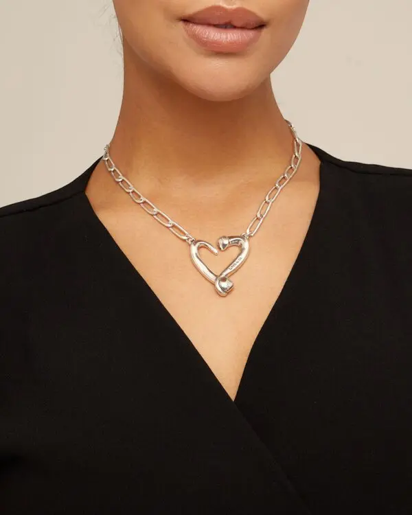 UNODE50 Sterling Plated Link Necklace With Heart Pendant - Silver