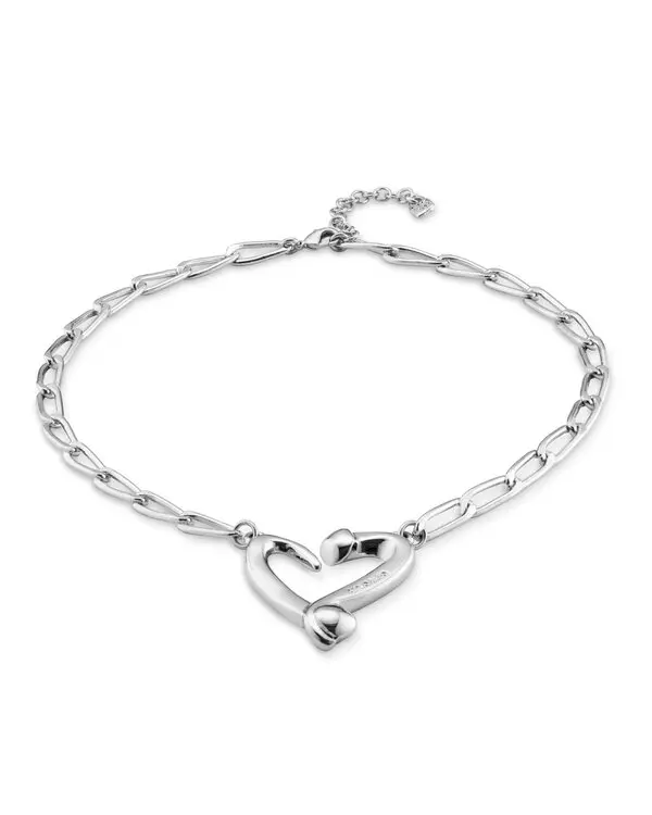 UNODE50 Sterling Plated Link Necklace With Heart Pendant - Silver