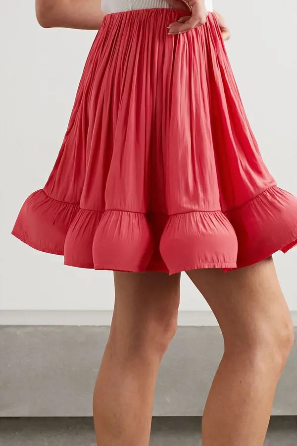 LANVIN Ruffled Gathered Charmeuse Mini Skirt - Coral