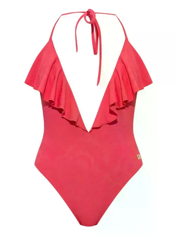 Balmain Ruffled Halter Swimsuit - Red