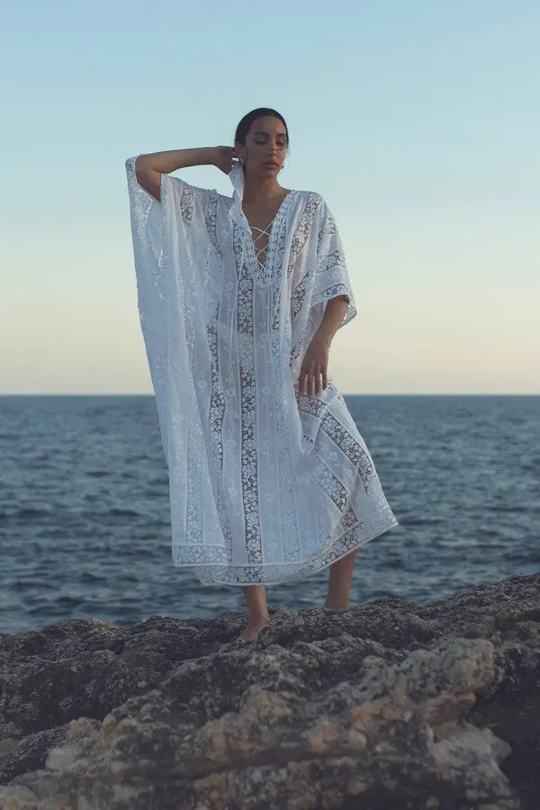 Miguelina Blair Moonshine Embroidery Caftan - White