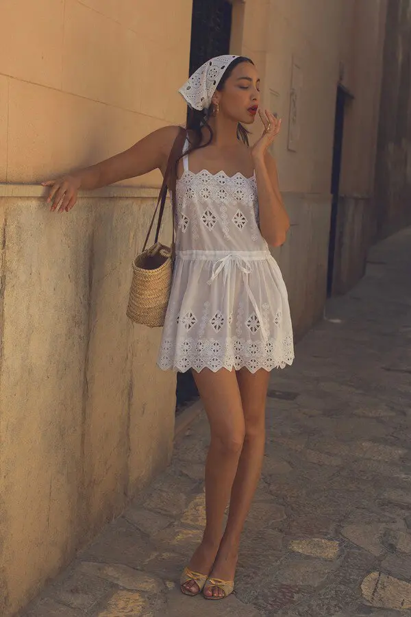Miguelina Brielle Rhombus Embroidery Mini Dress - White
