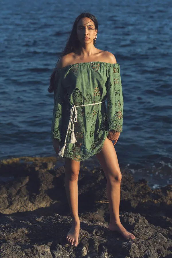 Miguelina Brigette Tropical Cotton Embroidery Coverup Dress Eucalyptus - Green