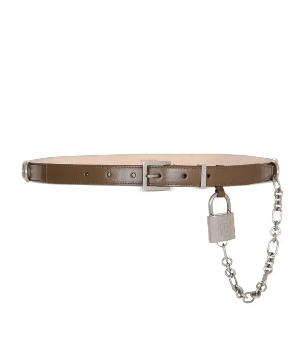 Balmain Leather Sync Belt With Padlock And Chain - Green