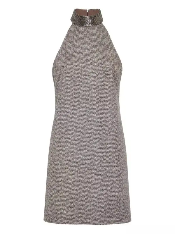 Brunello Cucinelli Halter-neck Herringbone Tweed Dress