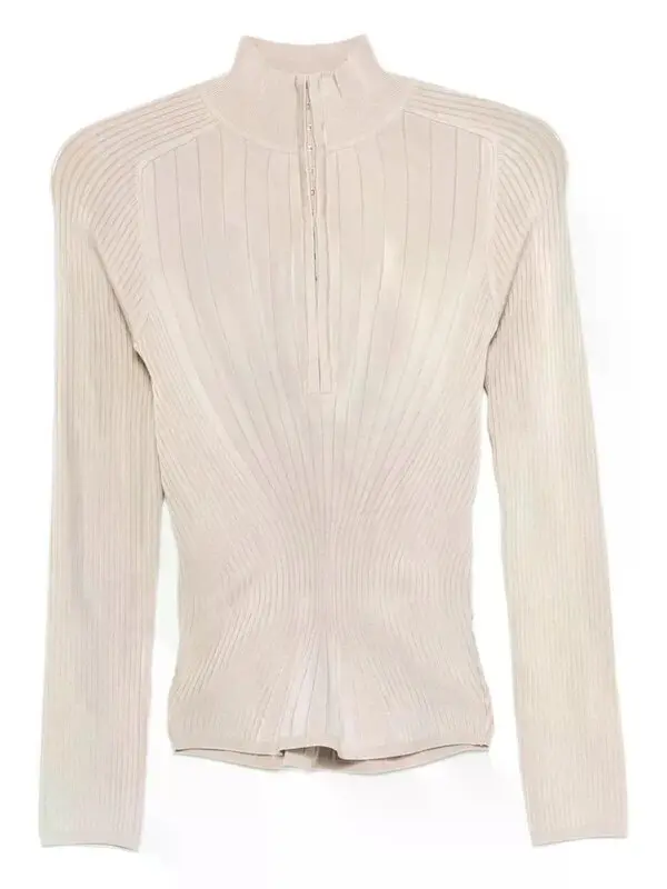 MUGLER Ribbed Zip-front Polo Top - Neutrals