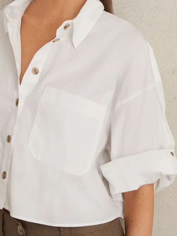 REISS Oversized Cropped Cotton Shirt - White