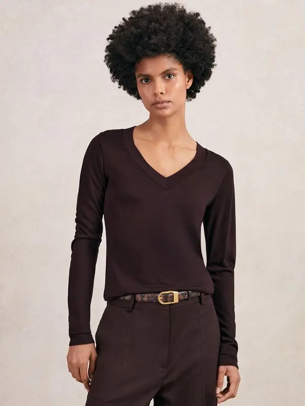 REISS Brady Jersey V-neck Top - Plum