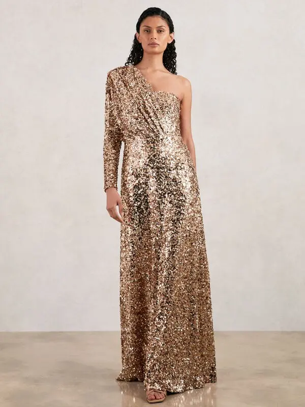 Halston Ramona Sequin One Shoulder Gown