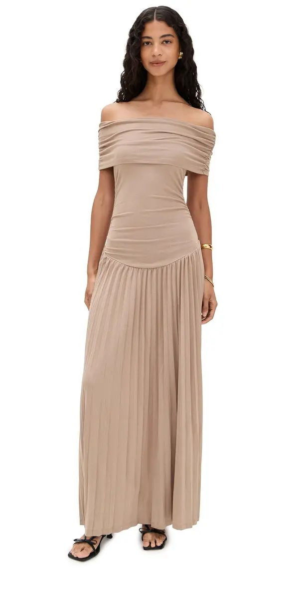 Lioness Field Of Dreams Maxi Dress Off-Shoulder, Pleated Skirt, Shimmer  Finish - Tan - 60% Off | Editorialist