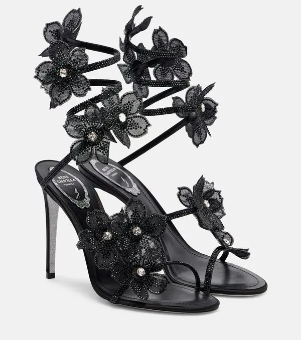 Rene Caovilla Floriane Floral-appliqué Satin Sandals - Black