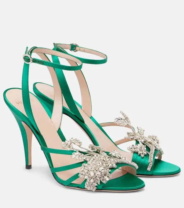 Valentino Garavani Ladycrush 100 Embellished Satin Sandals - Green