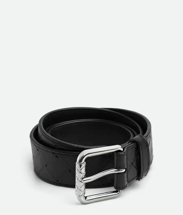 Bottega Veneta Intrecciato Stamp Leather Belt - Black
