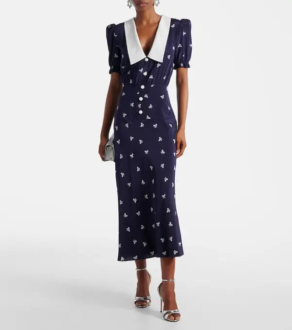 Alessandra Rich Printed Silk Midi Dress - Blue