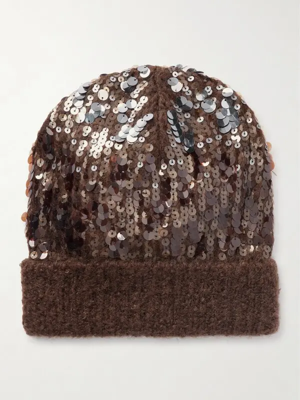 Brunello Cucinelli Sequined Ribbed Mohair-blend Beanie - Brown