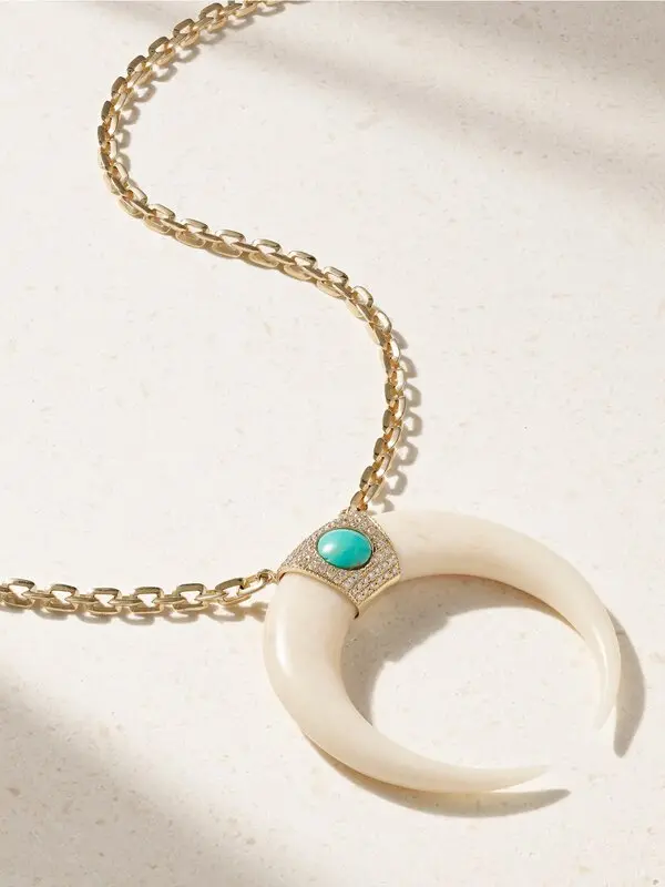 Jacquie Aiche Double Horn Diamond And Turquoise Necklace - Gold
