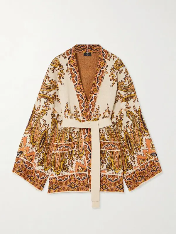 Etro Belted Intarsia Cotton-blend Cardigan - Neutrals