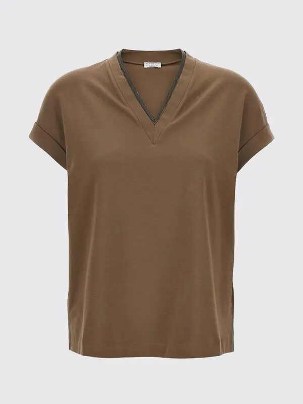 Brunello Cucinelli Cotton V-neck T-shirt With Monili Embellishment - Camel