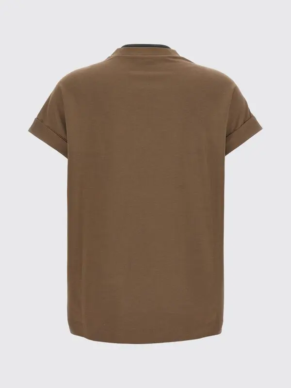 Brunello Cucinelli Cotton V-neck T-shirt With Monili Embellishment - Camel