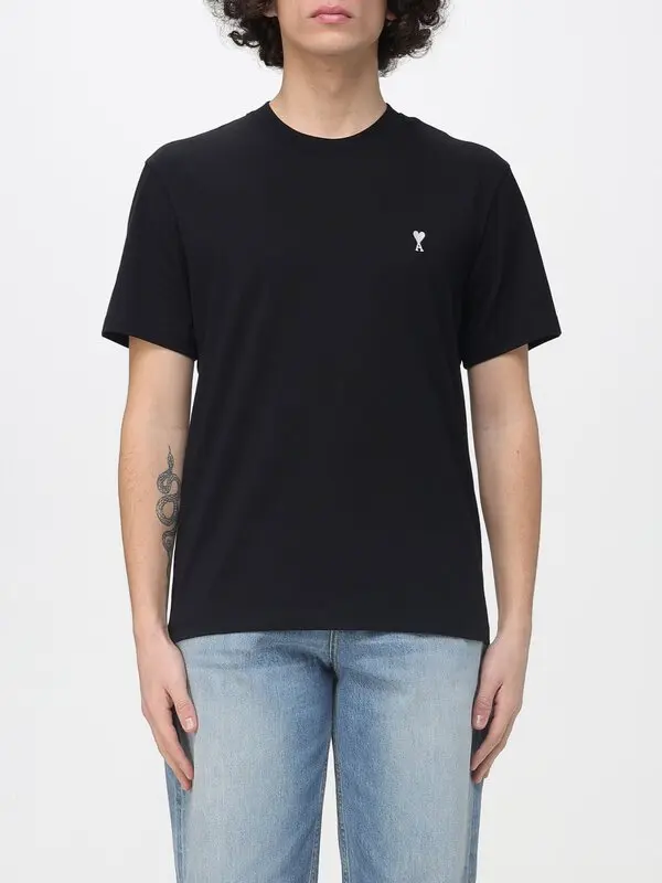 AMI Paris Crewneck Cotton T-shirt With Embroidered De Coeur Logo And Dropped Shoulders - Black