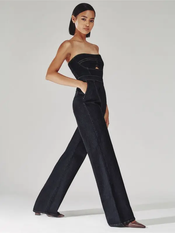 REISS Tylie Strapless Wide-leg Denim Jumpsuit - Indigo Blue