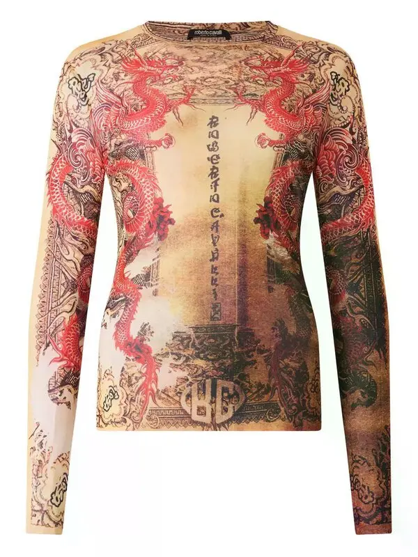 Roberto Cavalli Dragon-motif Long-sleeve Top - Neutrals