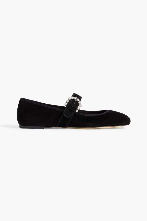 STUART WEITZMAN Piper Faux Pearl-embellished Suede Mary Jane Flats
