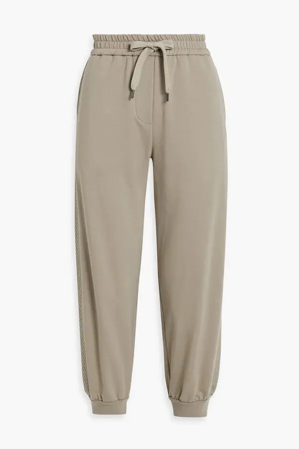Brunello Cucinelli Cropped Embellished Cotton-blend Track Pants - Mushroom