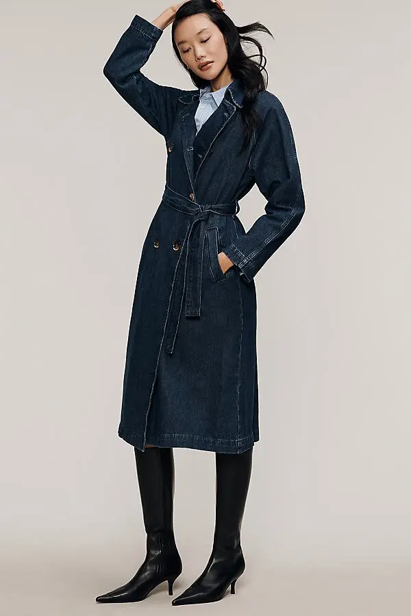 PILCRO Denim Trench Coat Jacket - Dark Denim