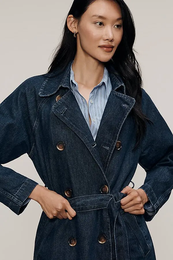 PILCRO Denim Trench Coat Jacket - Dark Denim