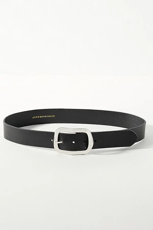 Anthropologie Square Buckle Leather Belt - Black / Shiny Silver