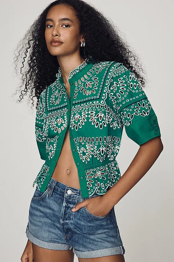 Maeve Eyelet Buttondown Peplum Blouse - Green
