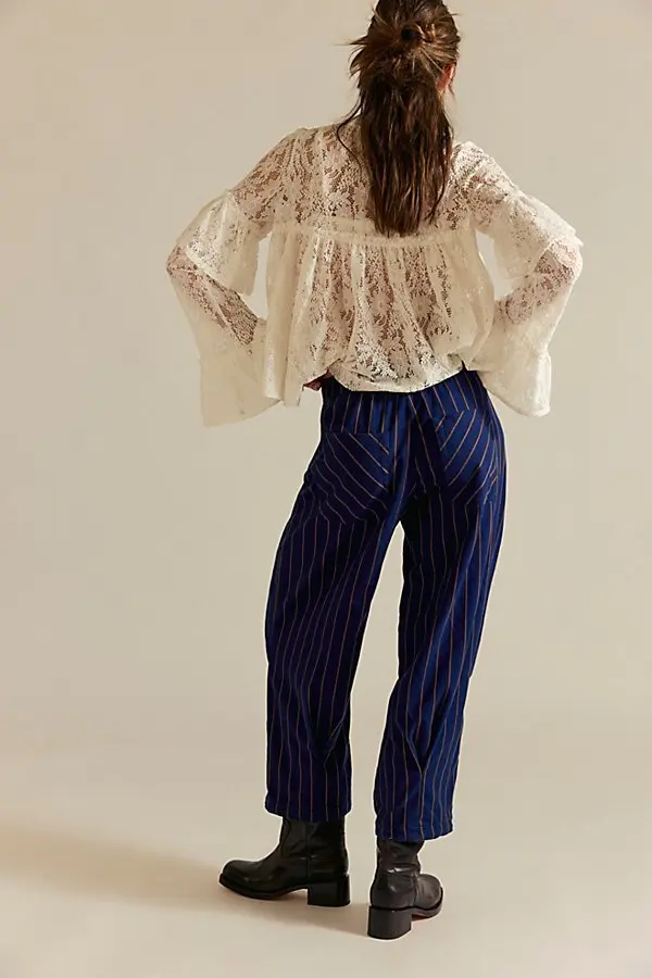 Free People Plaid Pull-on Pants - Navy Combo - Pinstripe