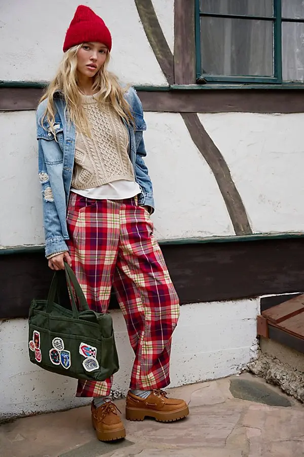 Free People Plaid Pull-on Pants - Wine Combo-lantern Plaid