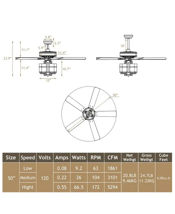 COSTWAY 50 Ceiling Fan With Light Classic Ceiling Fan Lamp W/noiseless Reversible Motor