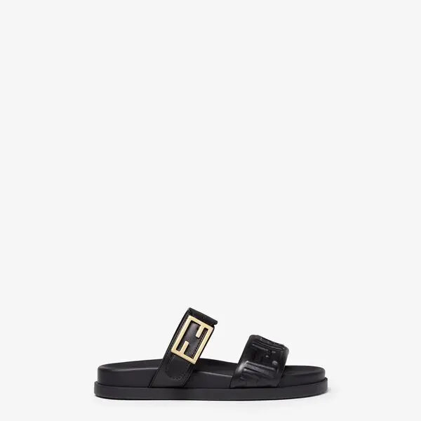 Fendi Ff Baguette Nappa Leather Slides - Black