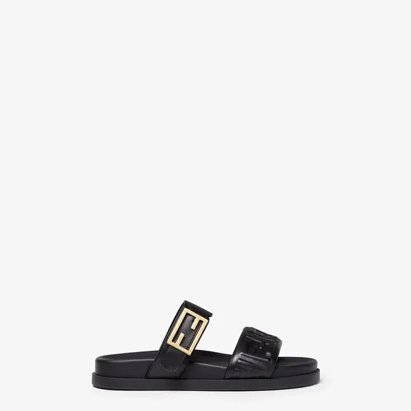 Fendi Ff Baguette Nappa Leather Slides - Black