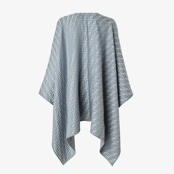 Fendi Wool Silk Blend Jacquard Ff Poncho - Blue