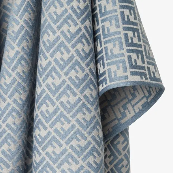 Fendi Wool Silk Blend Jacquard Ff Poncho - Blue