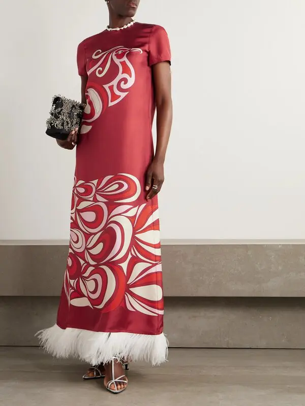 La DoubleJ Swing Feather-trimmed Printed Silk-twill Maxi Dress - Red
