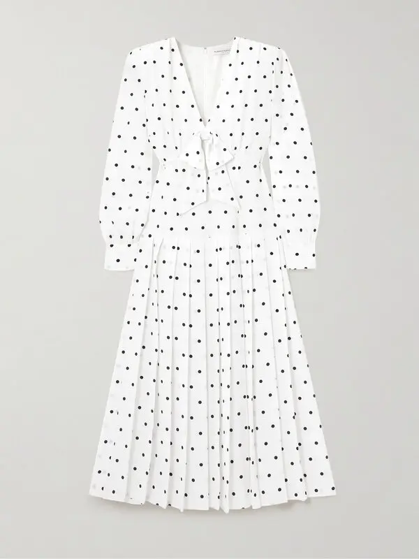 Alessandra Rich Bow-embellished Pleated Polka-dot Silk Midi Dress - White